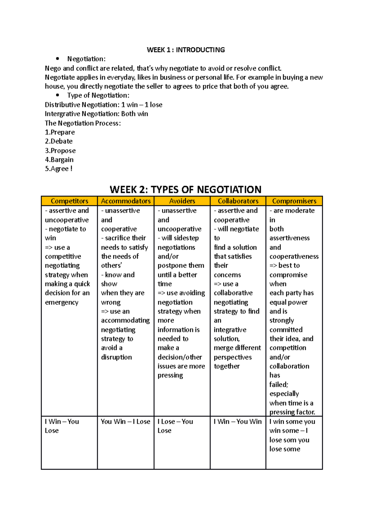 NEGO - Summary of Negotiated Strategy - WEEK 1 : INTRODUCTING ...