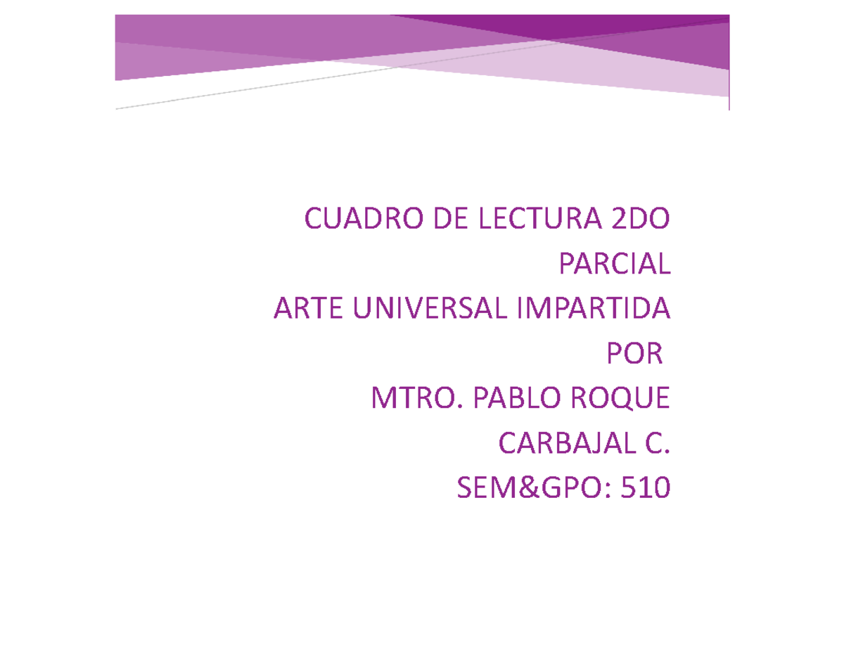 Cuadro DE Lectura - CUADRO DE LECTURA 2DO PARCIAL ARTE UNIVERSAL ...