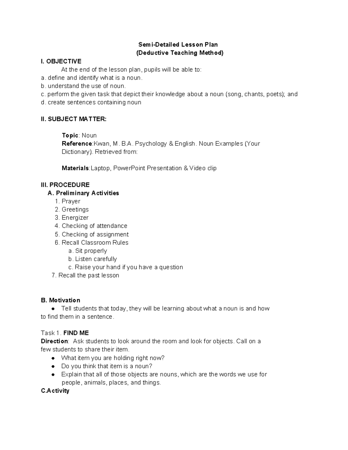 4a's semi-detailed lesson plan - Semi-Detailed Lesson Plan (Deductive Teaching Method) I ...
