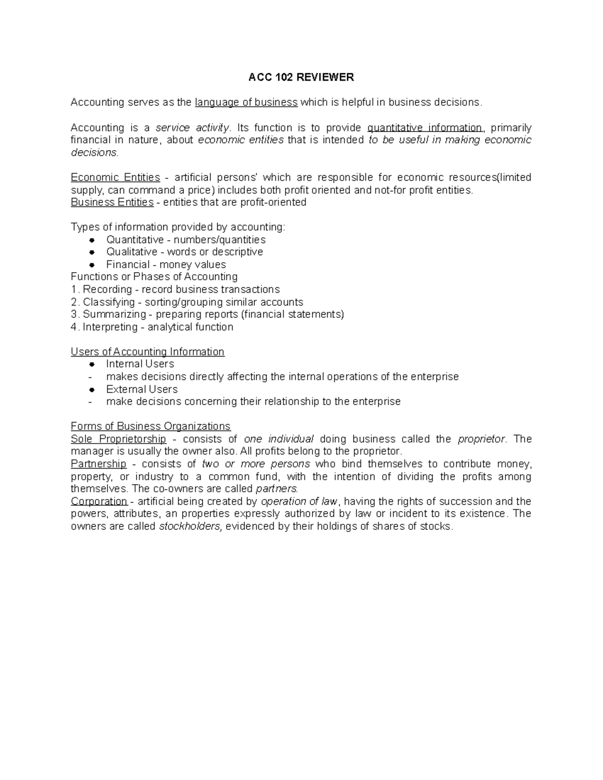 Copy of ACC 102 Reviewer - ACC 102 REVIEWER Accounting serves as the ...