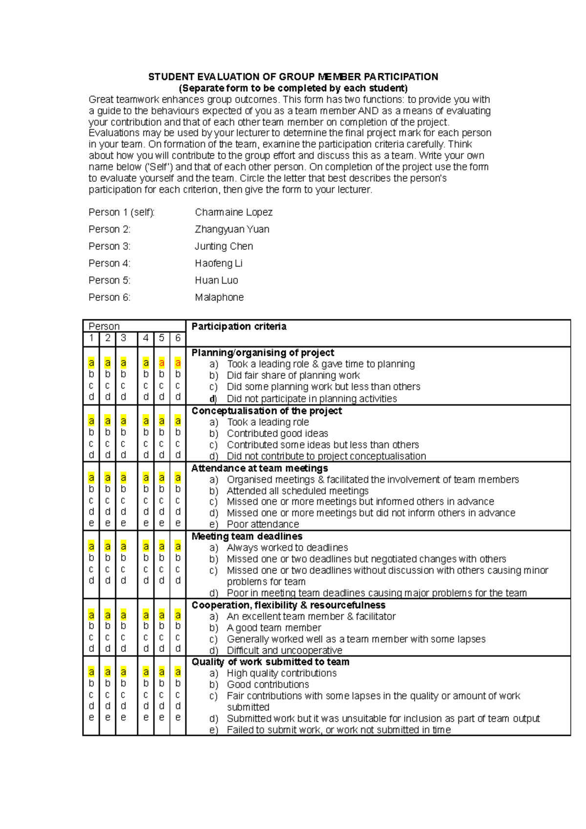 Peer Evaluation for your fellow peers - STUDENT EVALUATION OF GROUP ...