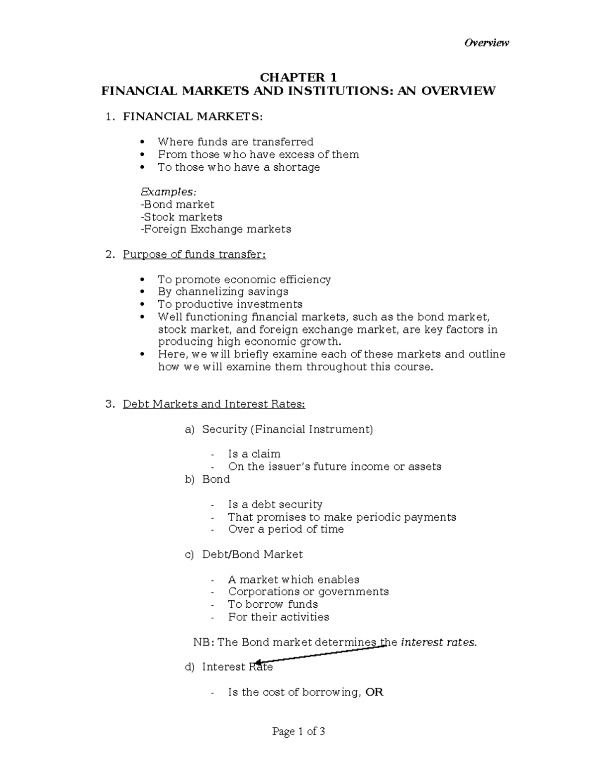 Chapter 1 Financial Markets AND Institutions - Overview CHAPTER 1 ...