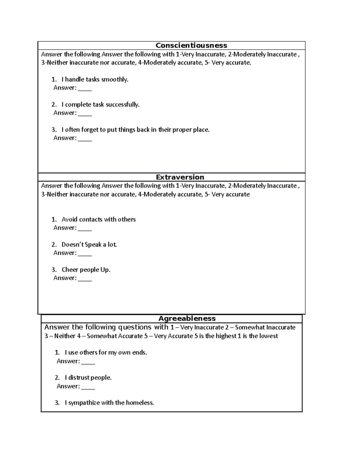 Assignment 3.2 Personality Test - Conscientiousness Answer the ...