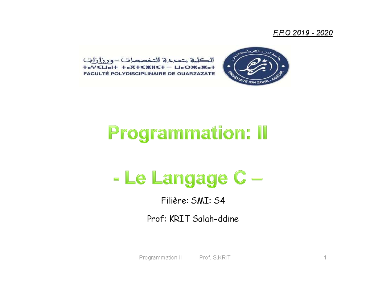 Cours Programmation II SMI S4 Ouarzazate (al7ibre - ####### F.P 2019 - 2020 Filière: SMI: S Prof ...