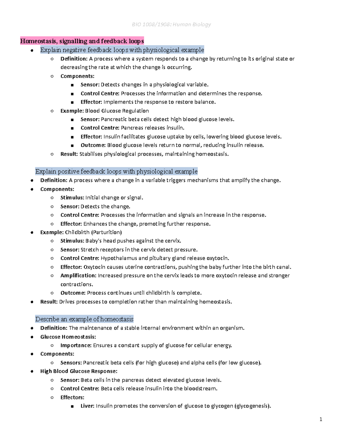 Bio notes PDF - Homeostasis, signalling and feedback loops Explain ...