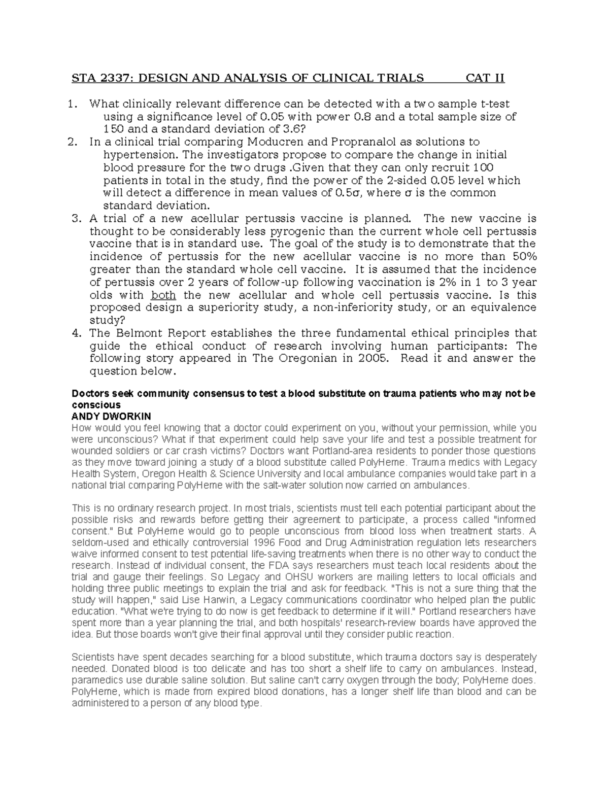 CAT II 2024 design - STA 2337: DESIGN AND ANALYSIS OF CLINICAL TRIALS ...