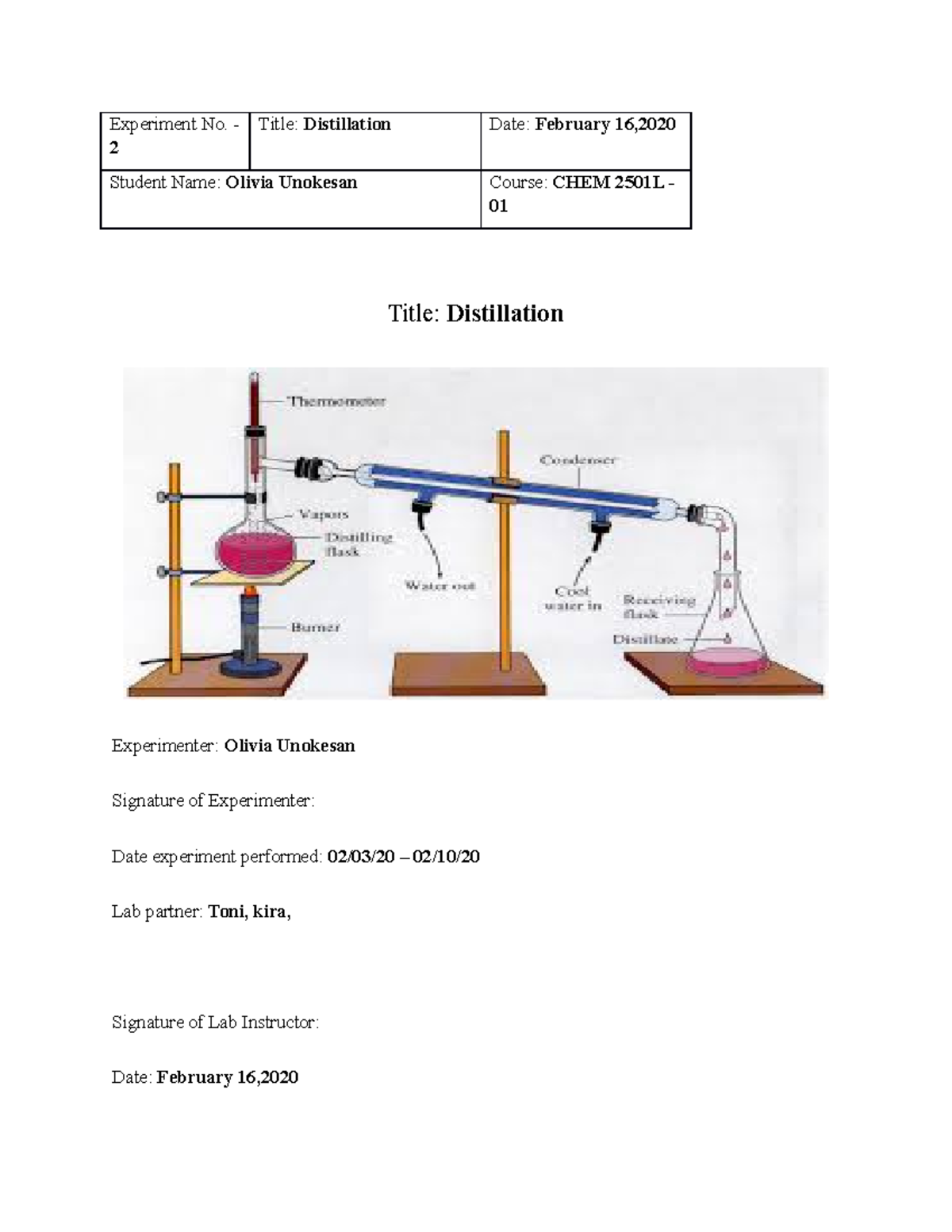 Distillation - lab report - Experiment No. - 2 Title: Distillation Date ...