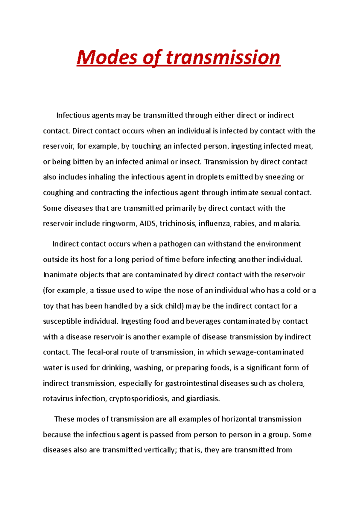 Modes of transmission - Modes of transmission Infectious agents may be ...