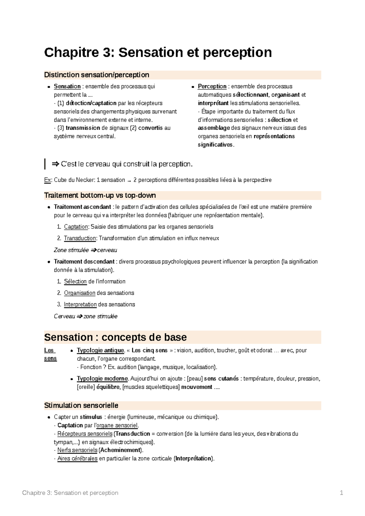 Chapitre 3 Sensation et perception - Chapitre 3: Sensation et ...