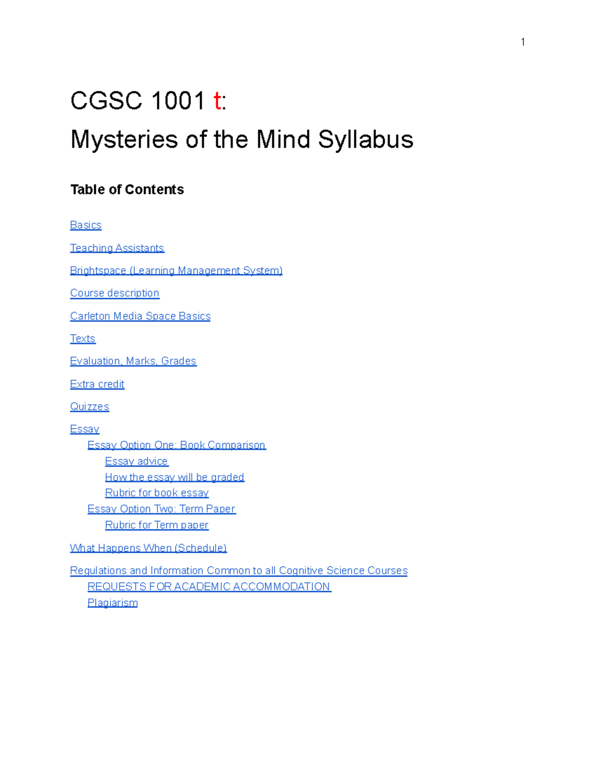 CGSC1001 Syllabus Mysteries of the Mind - CGSC 1001 t: Mysteries of the Mind Syllabus Table of ...