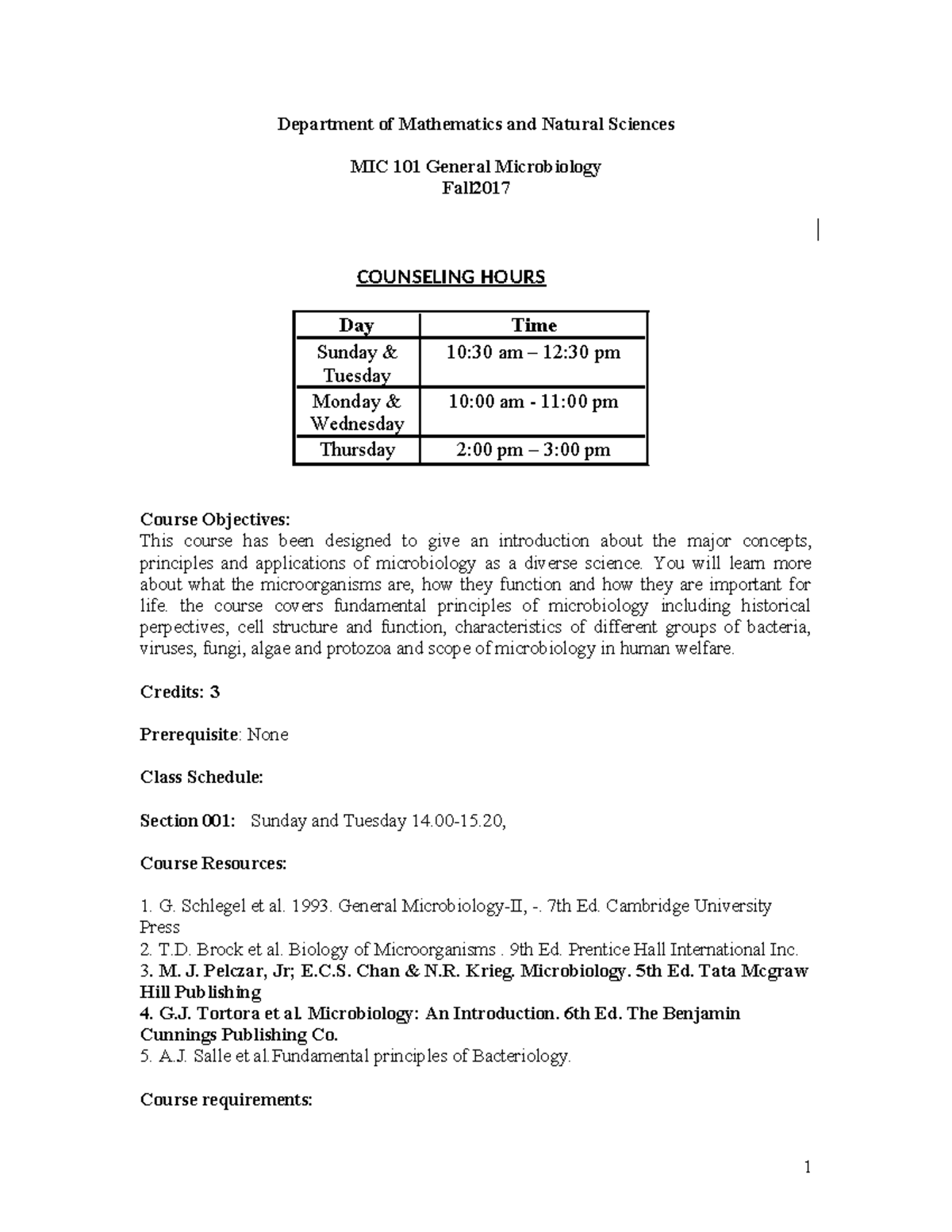 Course plan for MIC 101 - Department of Mathematics and Natural ...