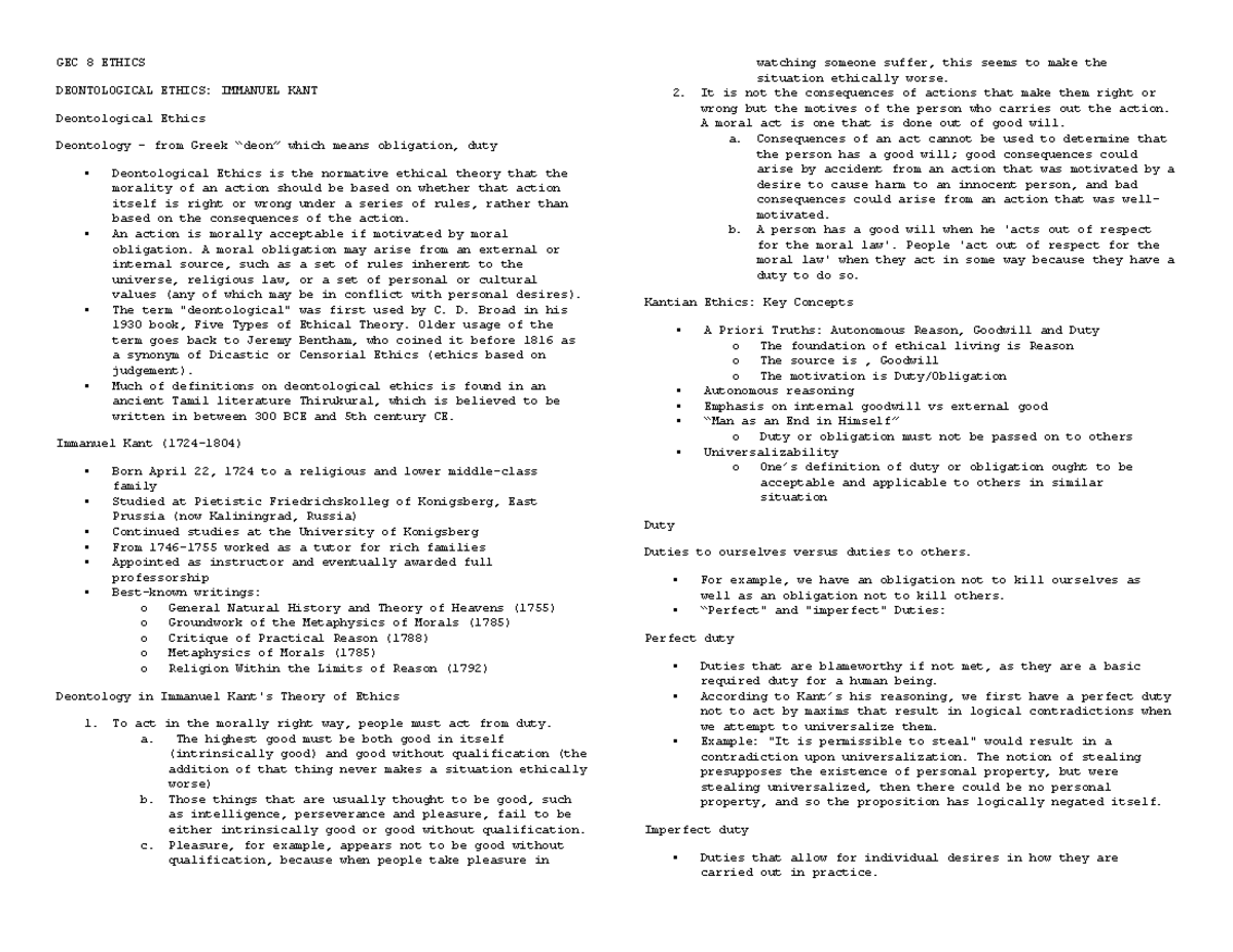 GEC 8 Ethics Deontological Ethics - GEC 8 ETHICS DEONTOLOGICAL ETHICS: IMMANUEL KANT ...