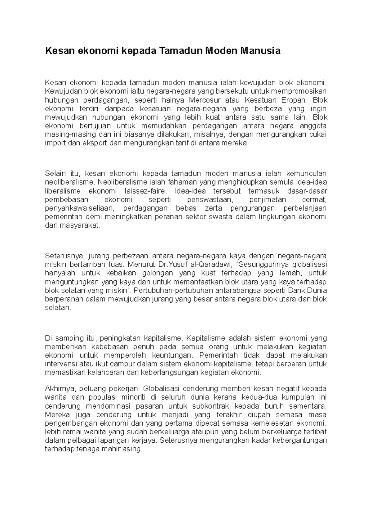 Kesan ekonomi kepada Tamadun Moden Manusia - Kewujudan blok ekonomi ...