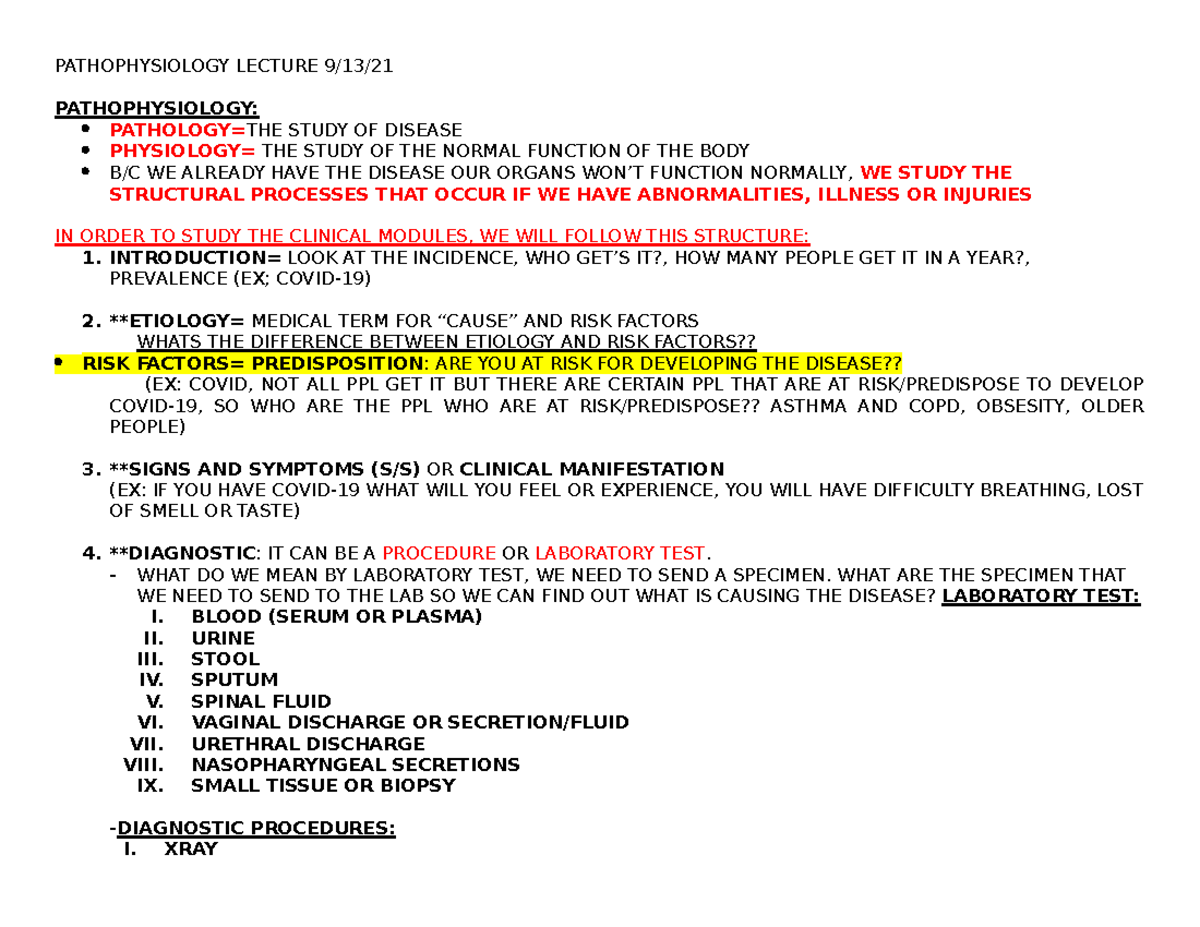 WEEK 1 pathophysiology lecture 9 13 21 - PATHOPHYSIOLOGY: PATHOLOGY=THE ...