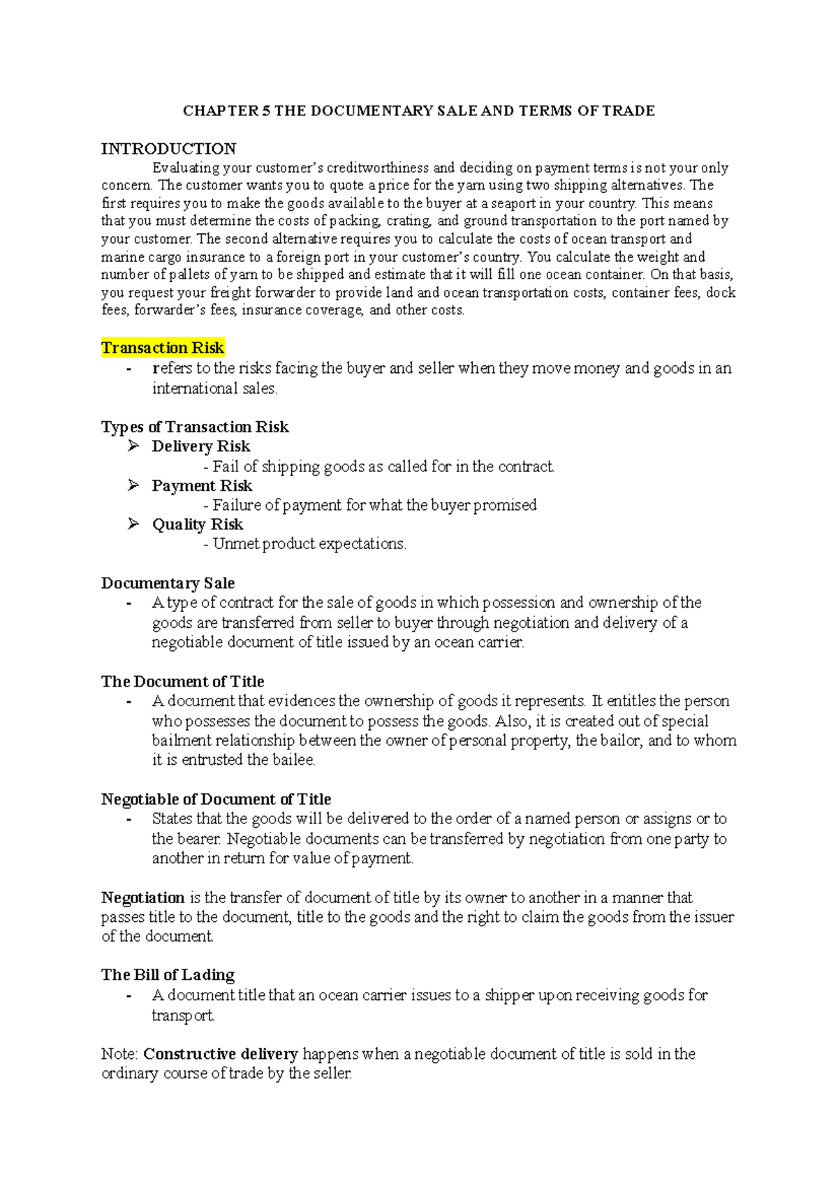 THE DOCUMENTARY SALE AND TERMS OF TRADE - CHAPTER 5 THE DOCUMENTARY ...