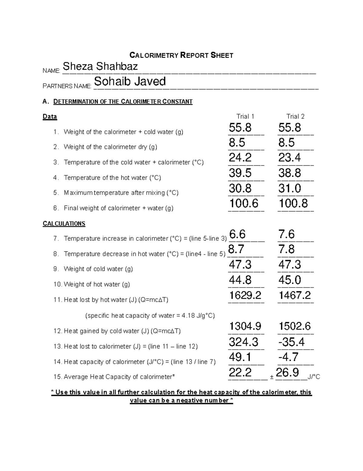 Calorimetry Report Sheet at Lori Novak blog