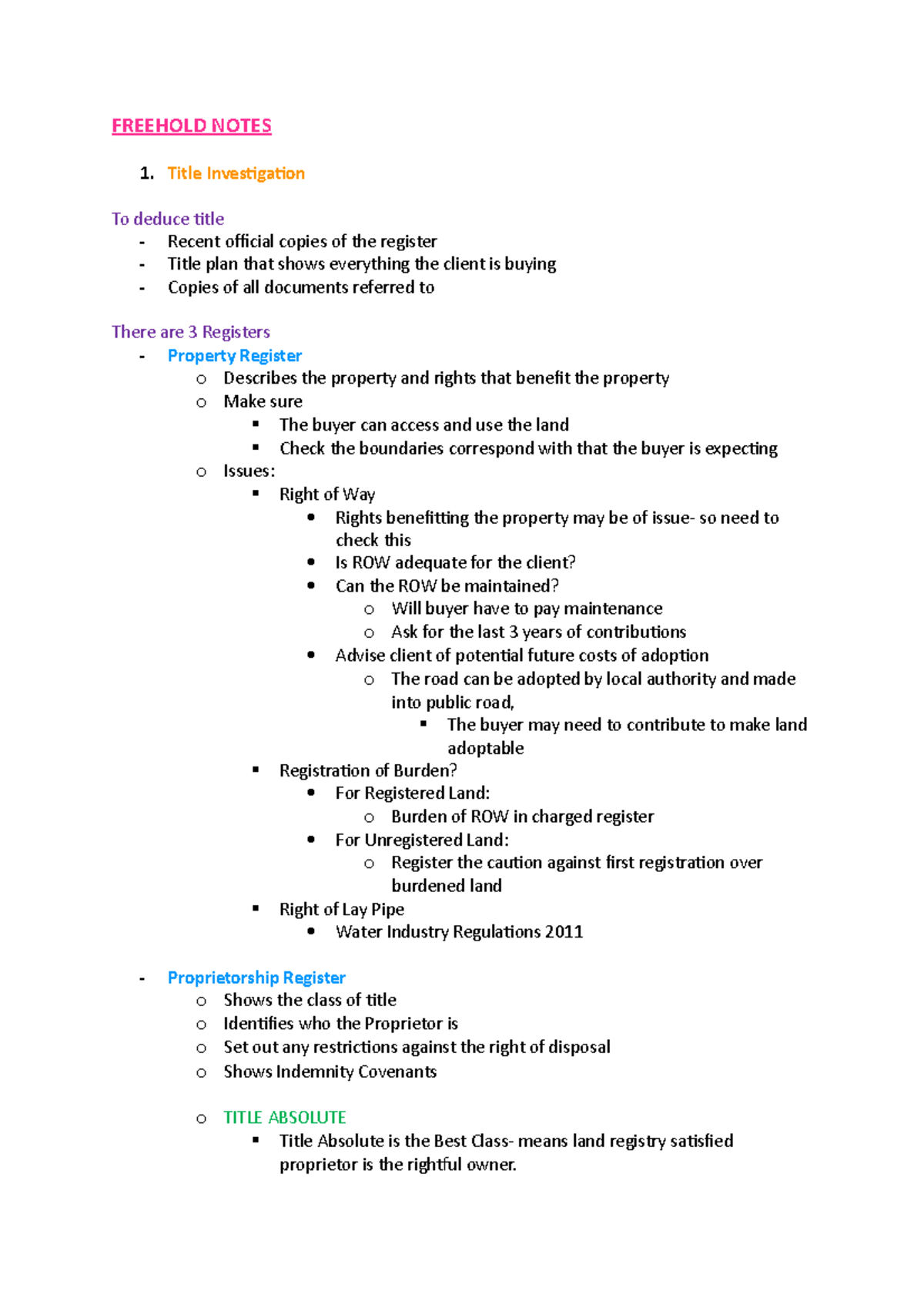 Freehold Title Investigation - FREEHOLD NOTES 1. Title Investigation To ...
