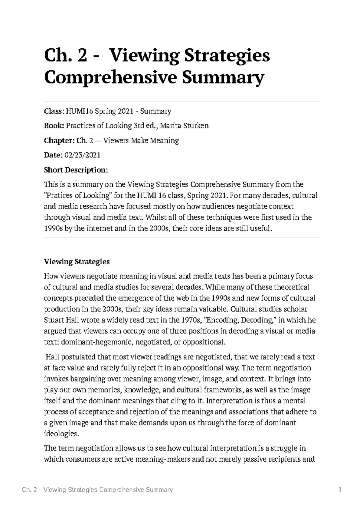 Ch. 2 - Viewing Strategies Comprehensive Summary - Ch. 2 - Viewing ...