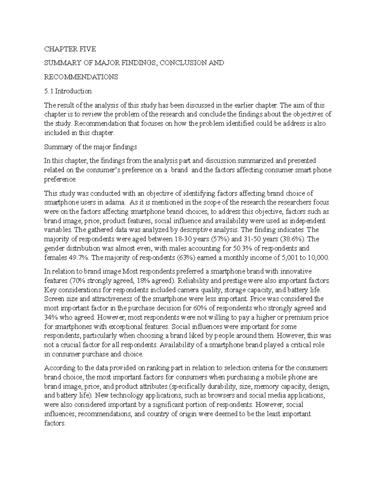 Chap 5 - CHAPTER FIVE SUMMARY OF MAJOR FINDINGS, CONCLUSION AND ...