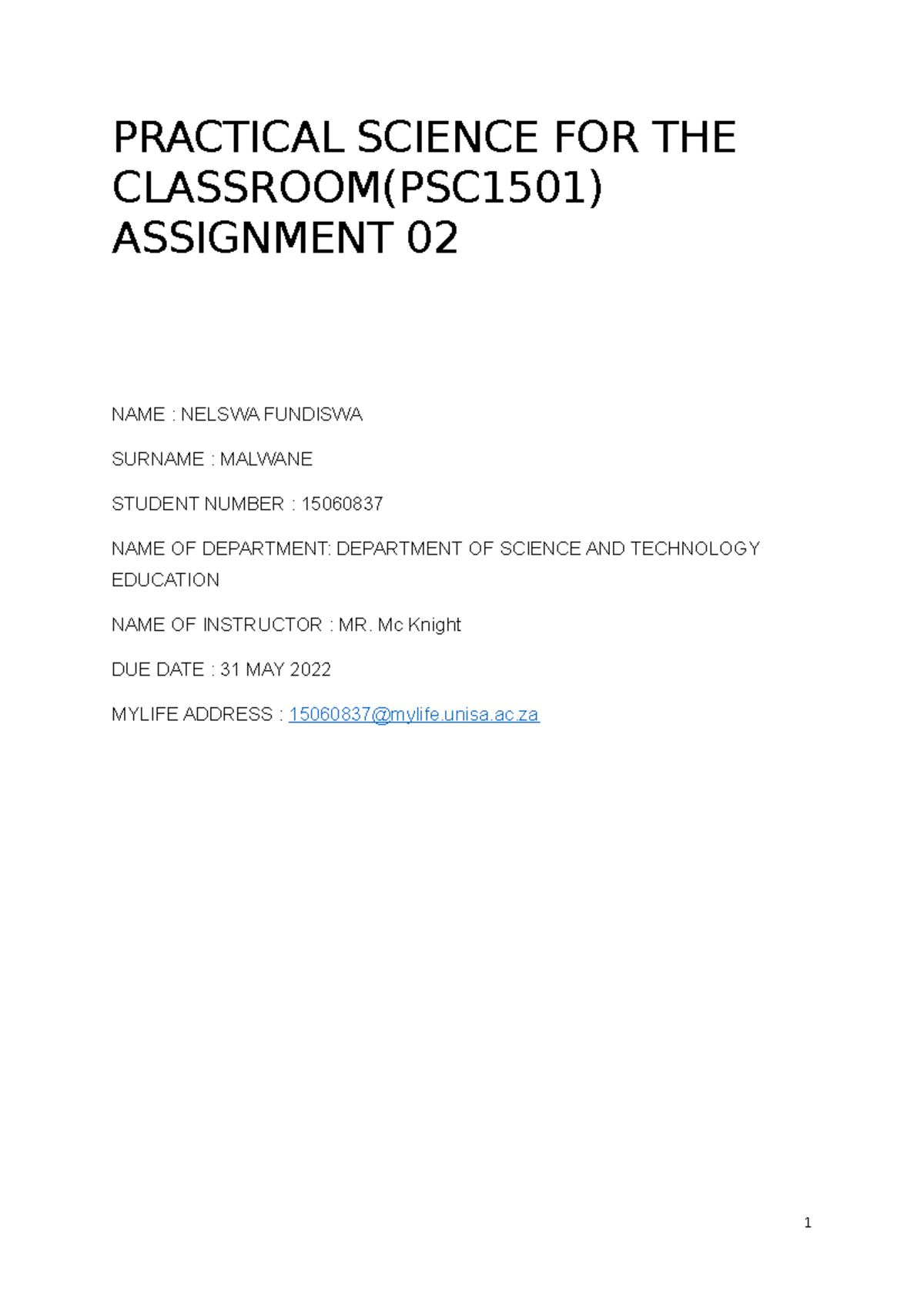 PSC1501%20 Assignment%202 - PRACTICAL SCIENCE FOR THE CLASSROOM(PSC1501 ...