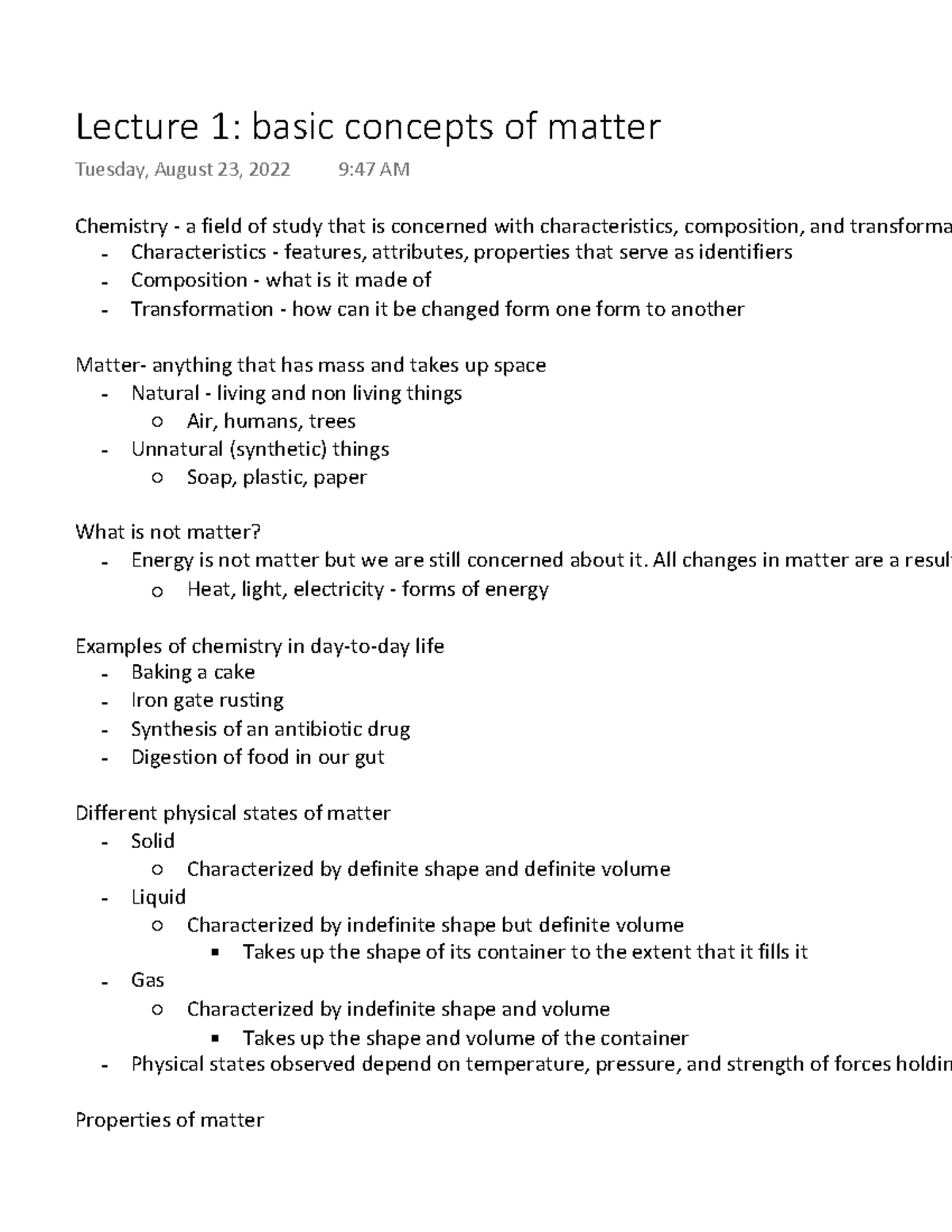 Lecture 1 basic concepts of matter - Chemistry - a field of study that ...