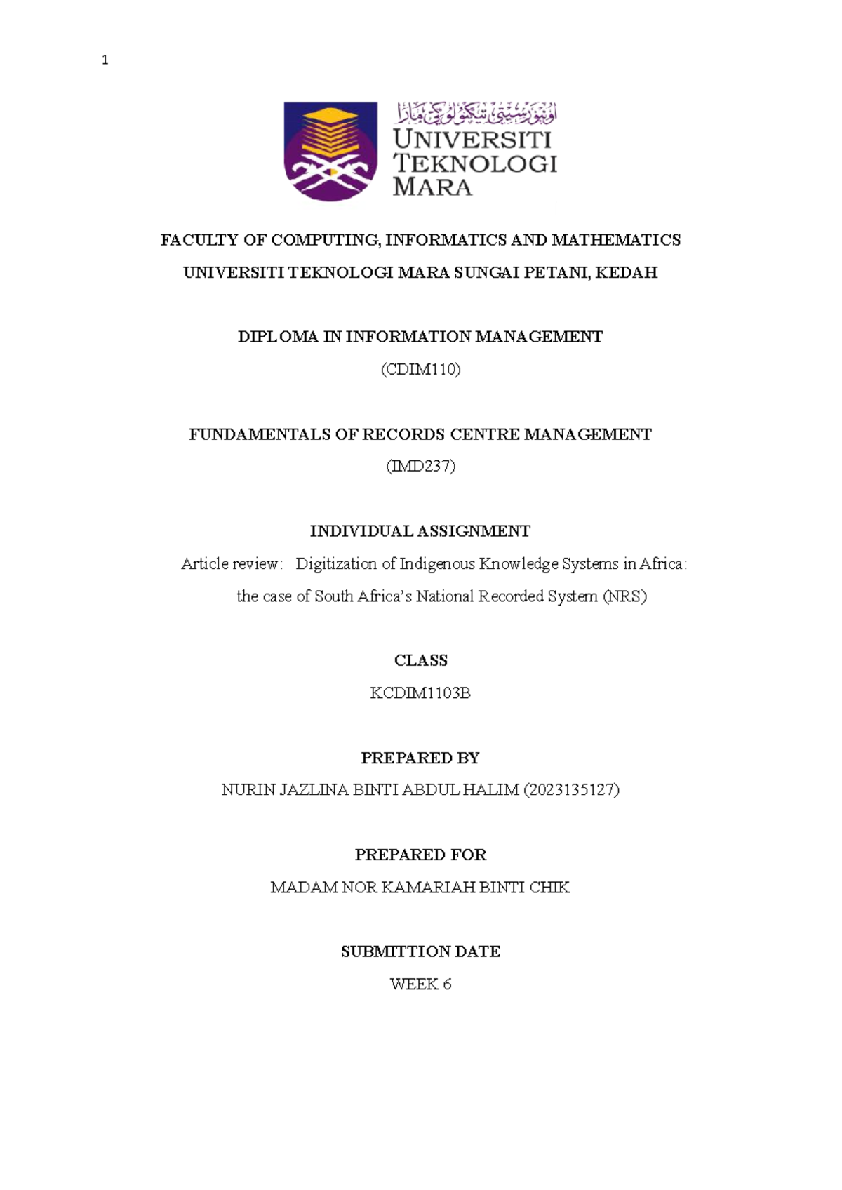 Assignmet IMD237 - 1 FACULTY OF COMPUTING, INFORMATICS AND MATHEMATICS UNIVERSITI TEKNOLOGI MARA ...
