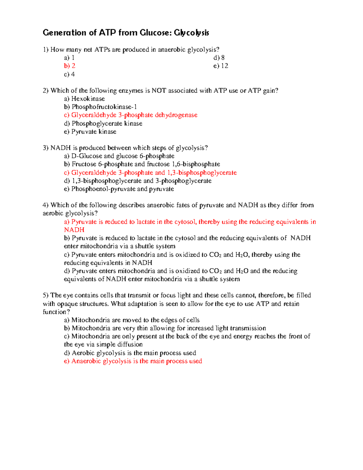 Chapter 22 questions key - Generation of ATP from Glucose: Glycolysis 1 ...