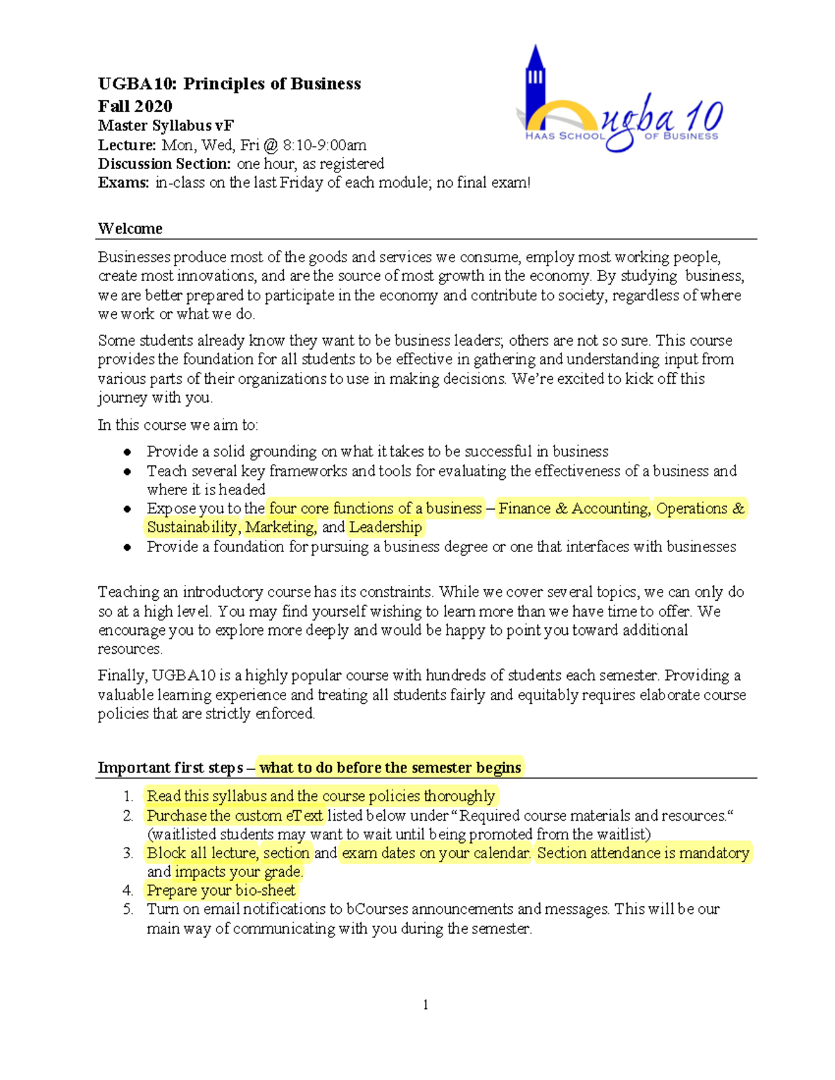 UGBA 10 - Fall 2020 - Master Syllabus - Warning: TT: undefined function: 32 Warning: Popup - Studocu