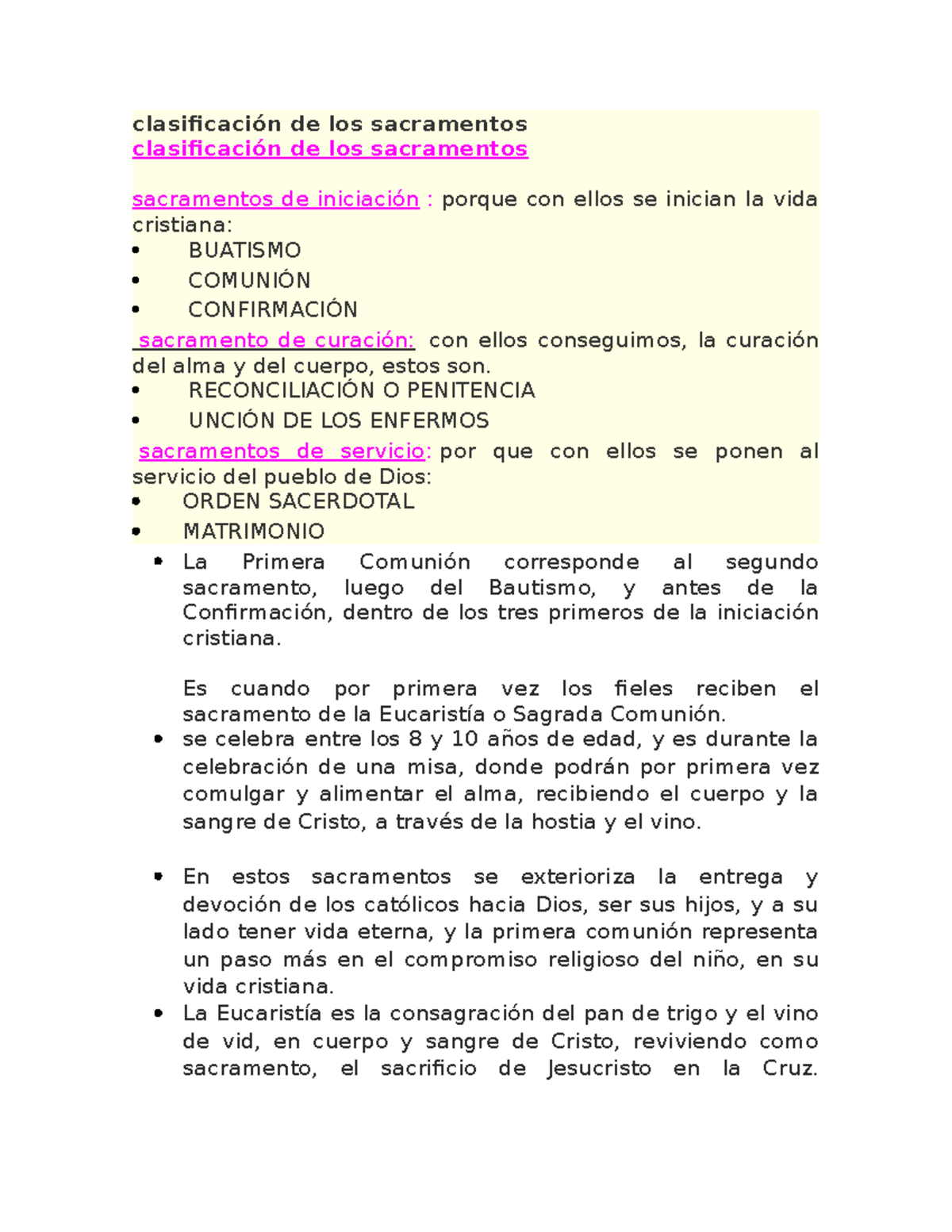 TEMA 1. Primera comunion - clasificación de los sacramentos ...