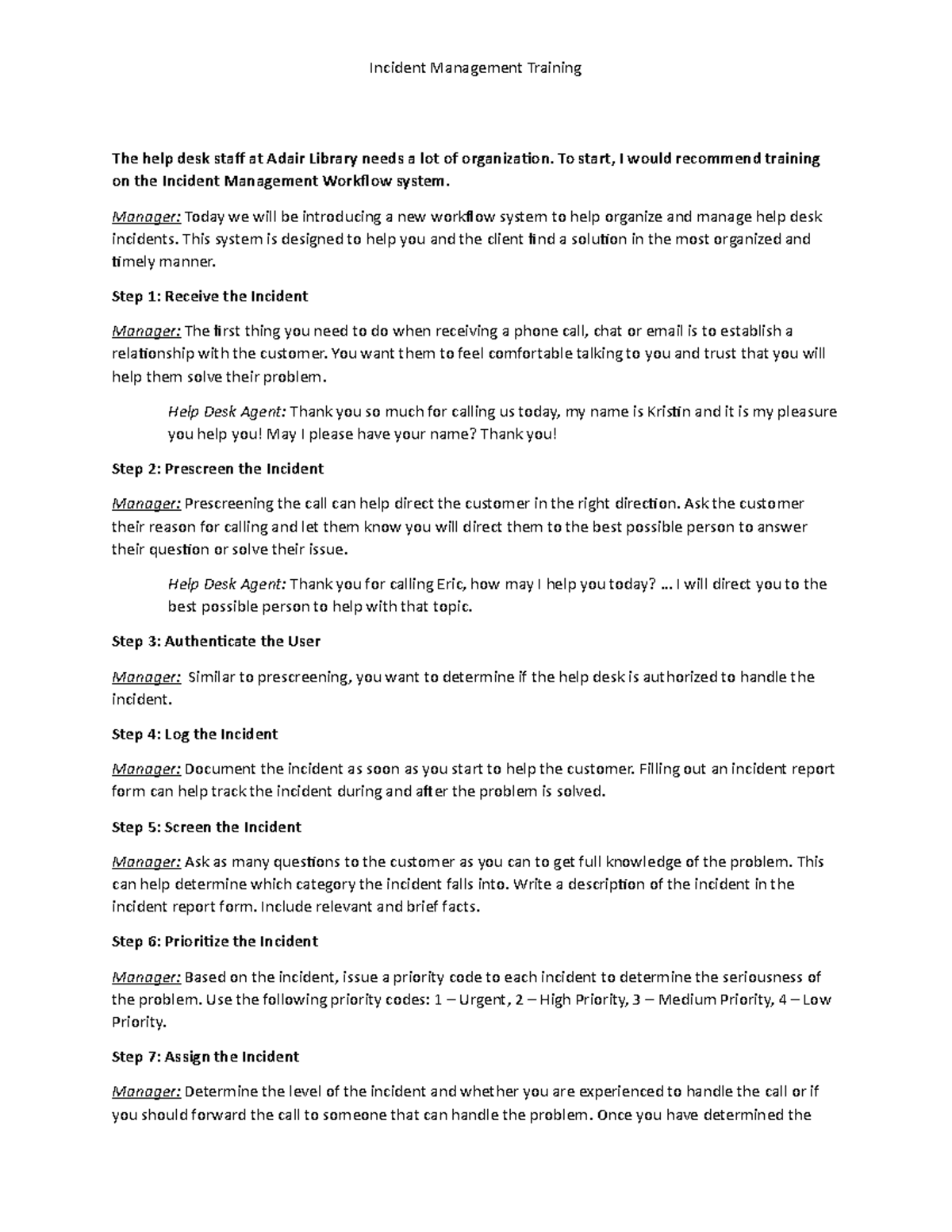 Kristin Rogers Assignment 5 Case Study 2 - Incident Management Training ...