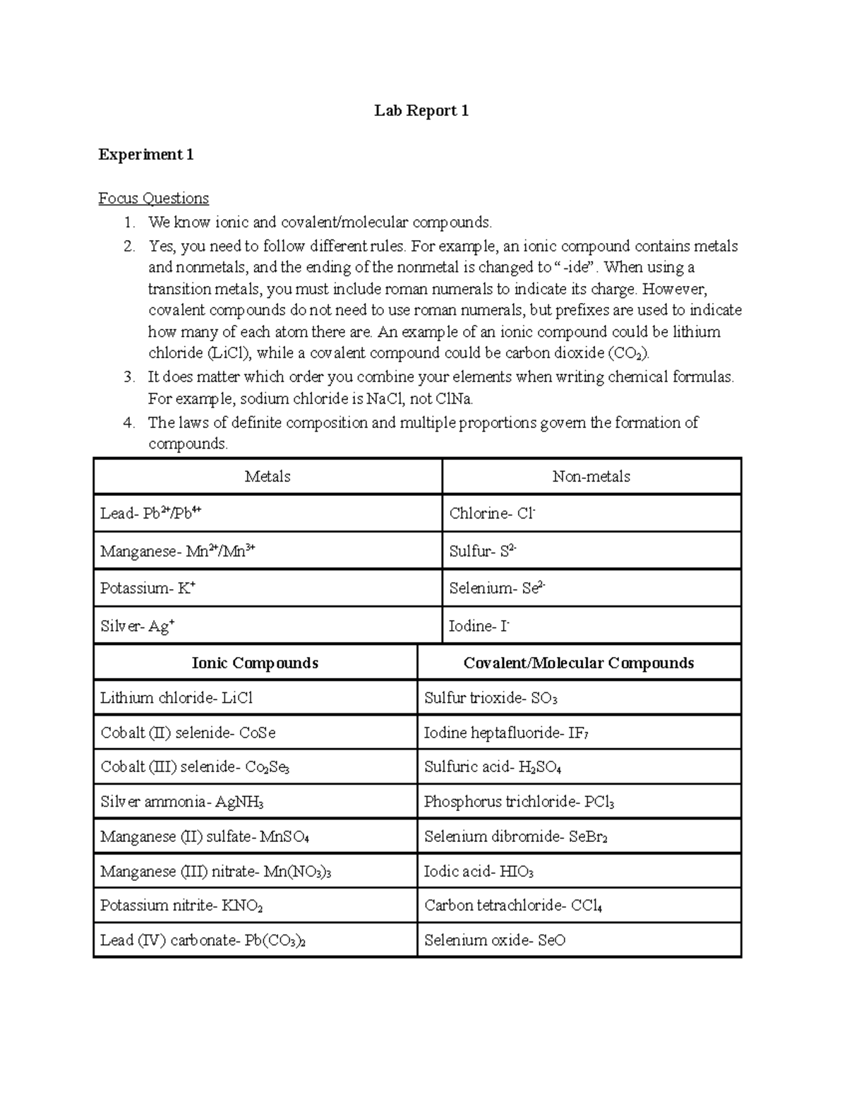 Lab report 1 Chem 106 - Lab Report 1 Experiment 1 Focus Questions 1. We ...