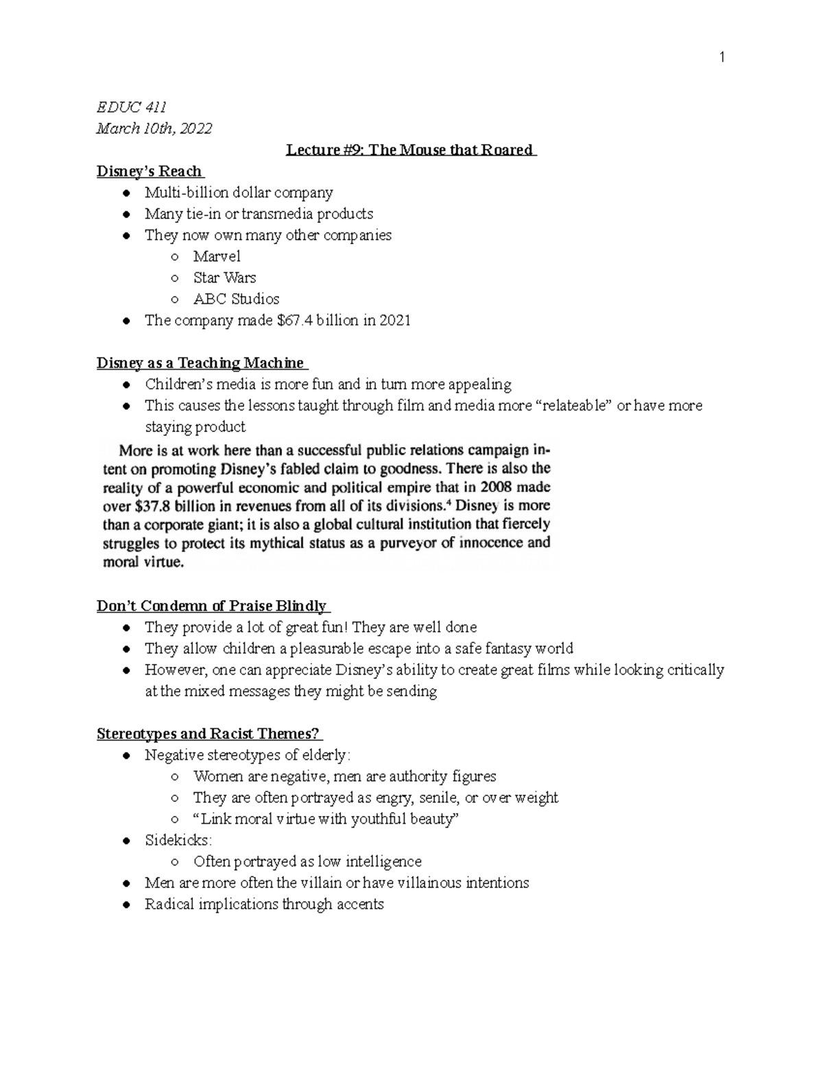 EDUC 411 - Lecture #9 - 1 EDUC 411 March 10th, 2022 Lecture #9: The Mouse that Roared Disney’s ...