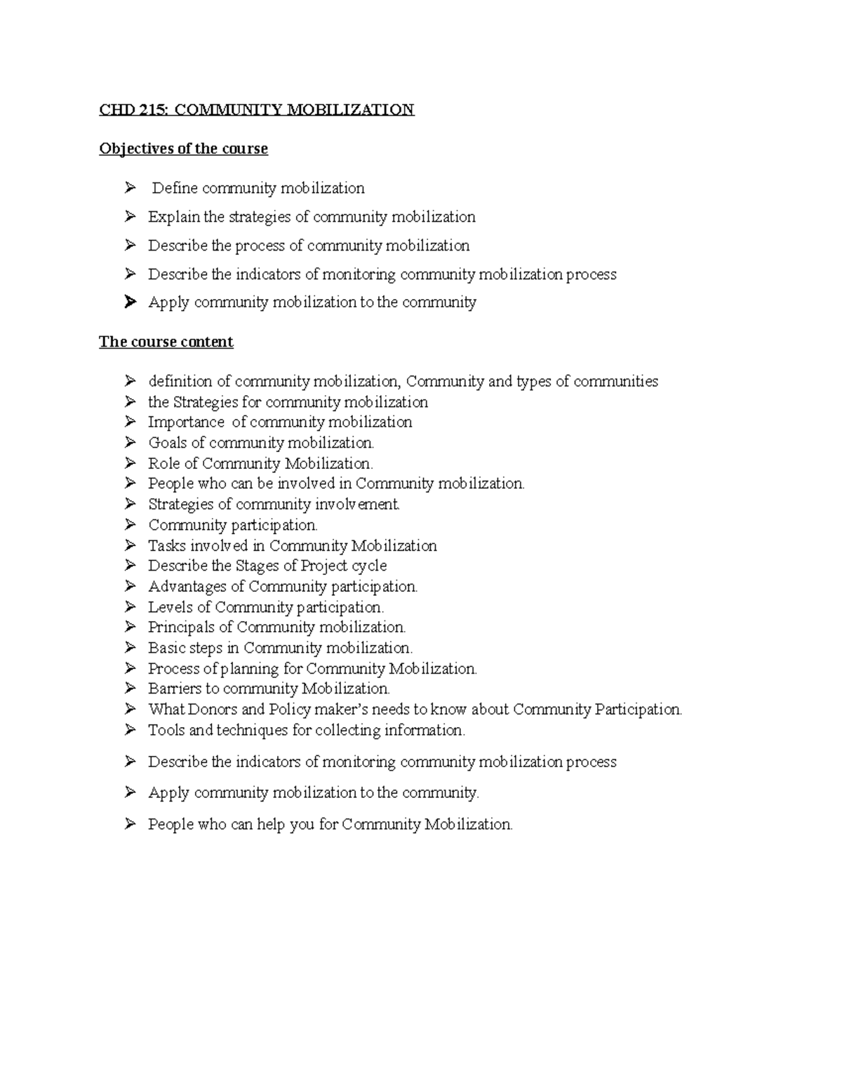 Community Mobilization Notes CHD 215 - CHD 215: COMMUNITY MOBILIZATION ...