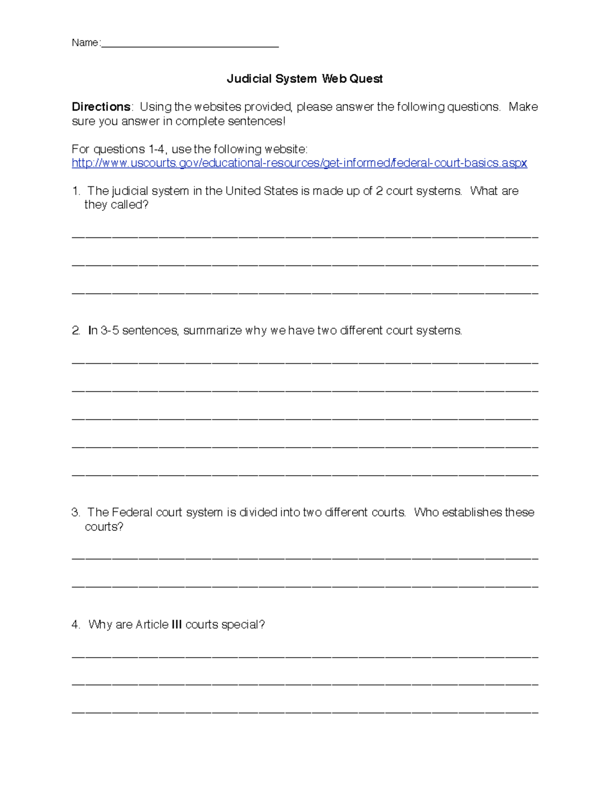 Judicial branch webquest - Judicial System Web Quest Directions: Using ...