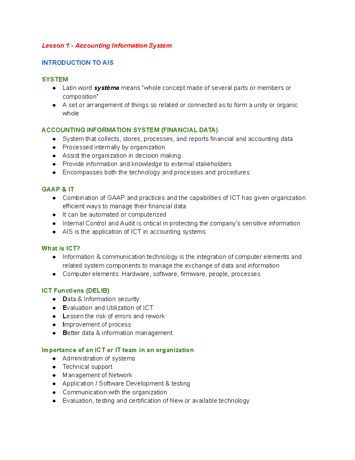 Lesson 1 - AIS - Notes - Lesson 1 - Accounting Information System ...
