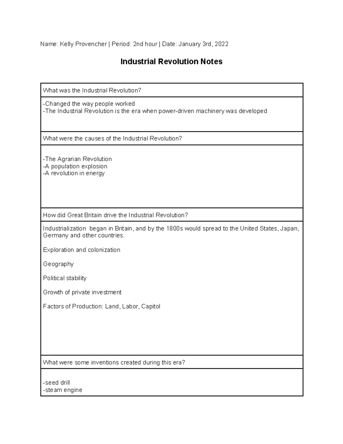 Kelly Provencher - Industrial Revolution Guided Notes - Name: Kelly ...