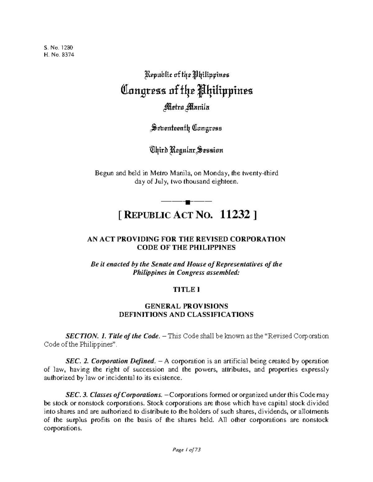 Revised Corporation Code - RA 11232 codal provisions - S. No. 1280 H ...
