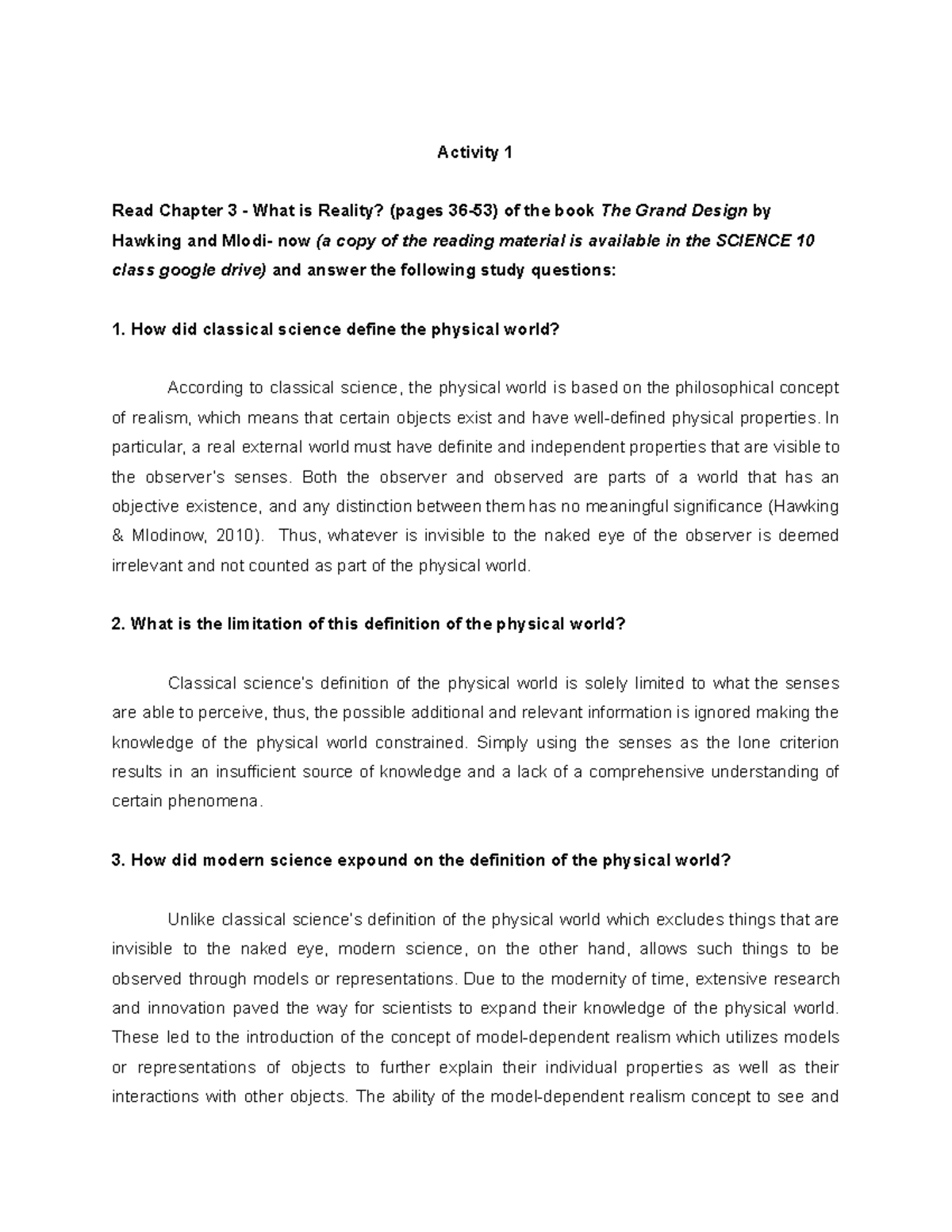 Science 10 Activity 1-3 Module 1 - University of the Philippines - Studocu