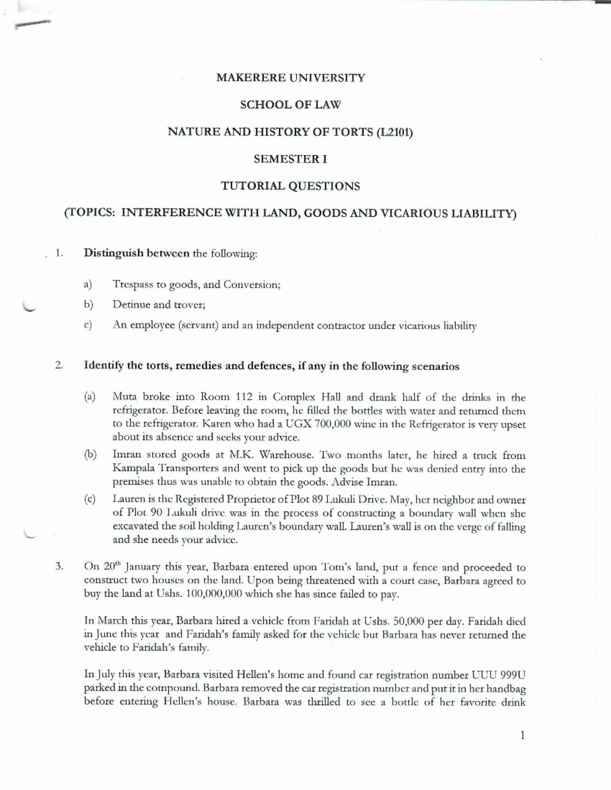 Tutorial Questions -Semester I - Torts- Negligence and strict liability ...