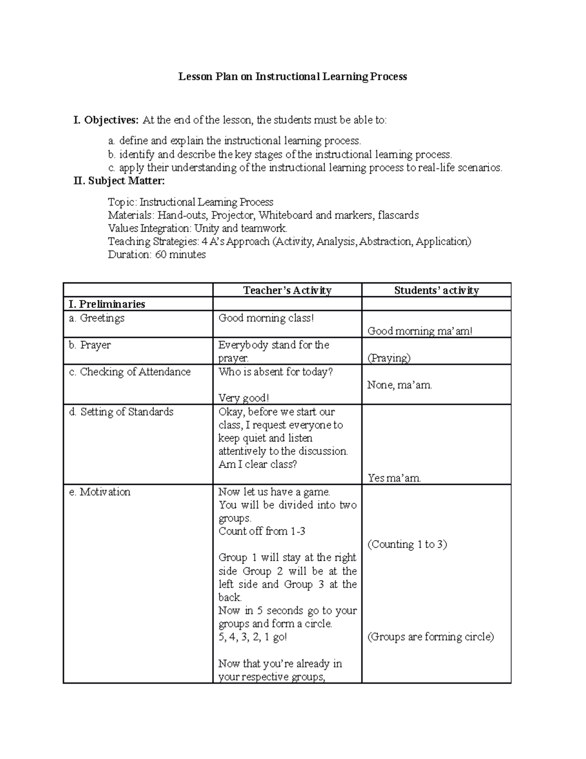 Lesson Plan on Instructional Learning Process - Objectives: At the end ...