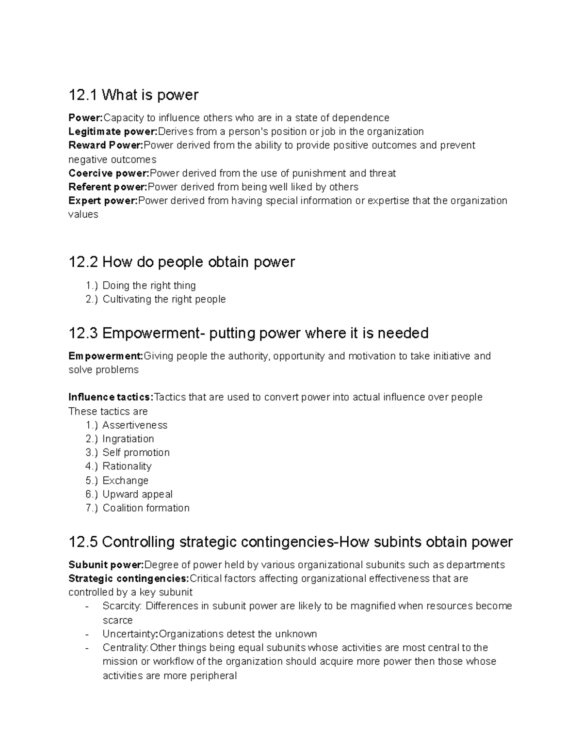 Chapter 12 and chapter 8 notes - 12 What is power Power:Capacity to ...