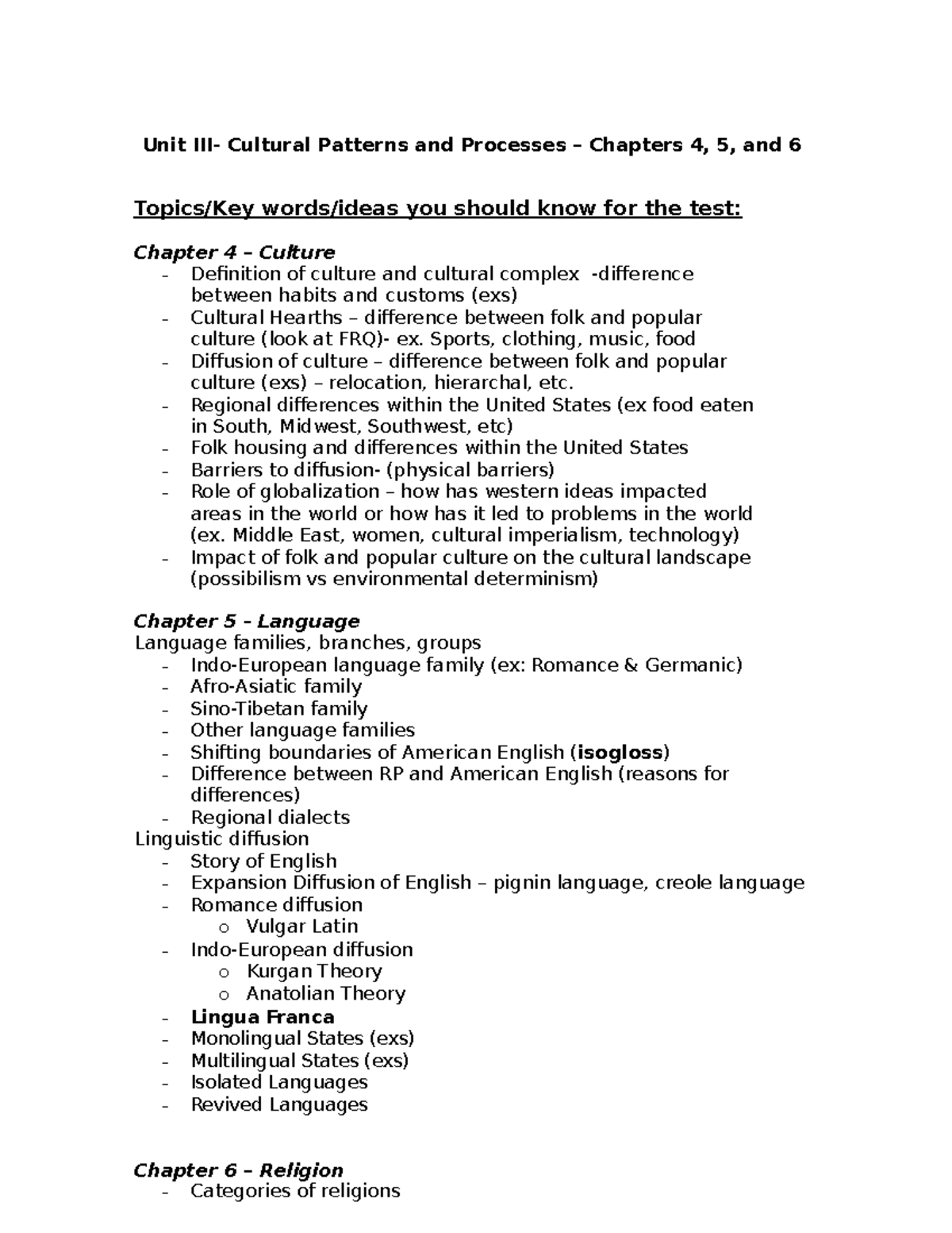 Unit II outline for test - Unit III- Cultural Patterns and Processes ...