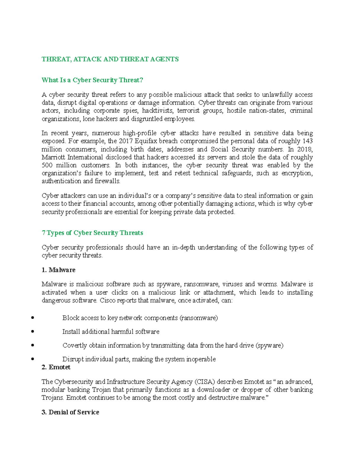 Chapter two - NOTES - THREAT, ATTACK AND THREAT AGENTS What Is a Cyber ...