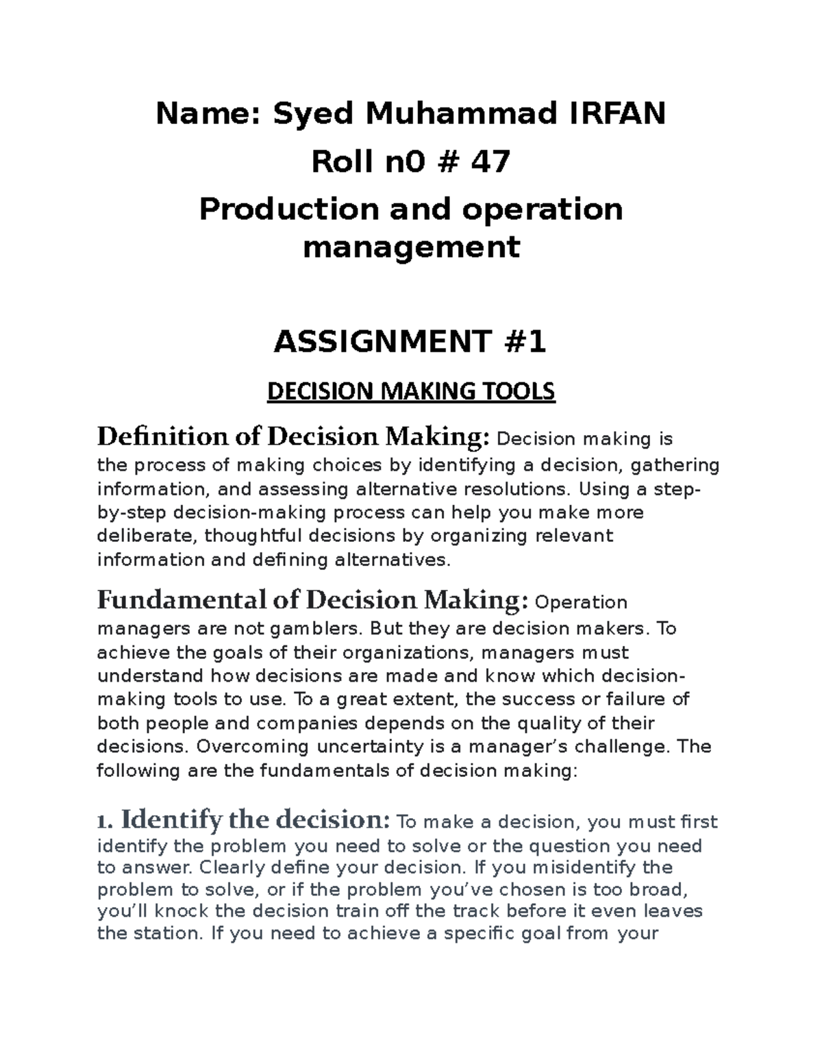 Assignment 1 operation management - Production & Operation Management ...