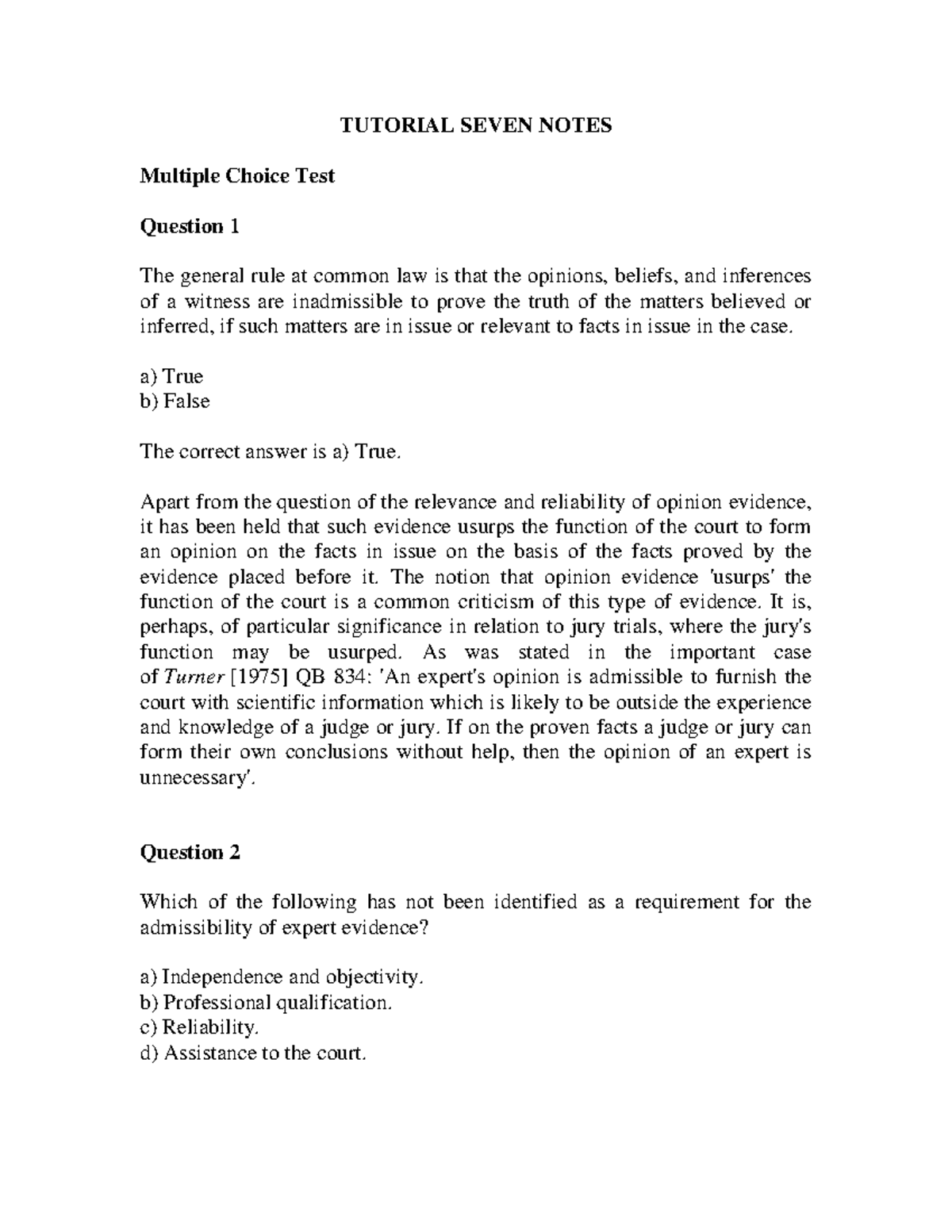 Tutorial Question 7 Merv Notes - TUTORIAL SEVEN NOTES Multiple Choice ...