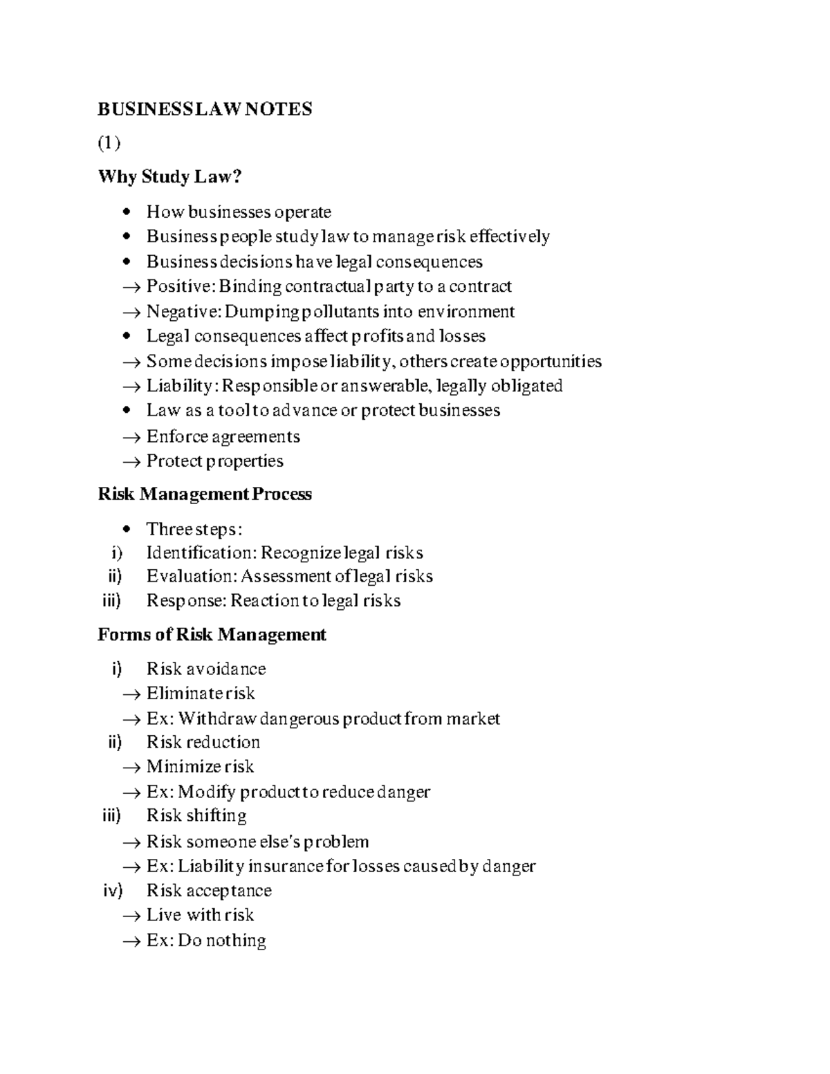Study notes Buss Law chapter 1 - BUSINESS LAW NOTES (1) Why Study Law ...