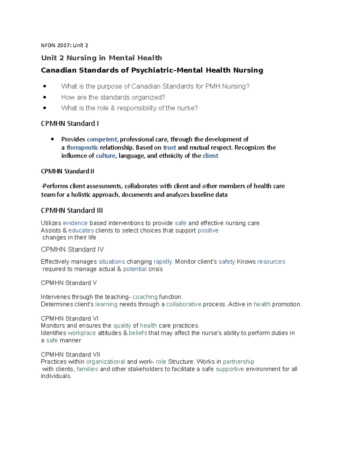 Mental Health Unit 2 Notes - NFDN 2007: Unit 2 Unit 2 Nursing in Mental ...