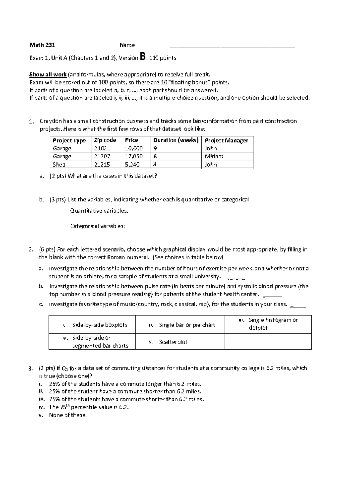 Exam 1 #2 for Release - practice exam - Math 231 Name - Exam 1, Unit A ...