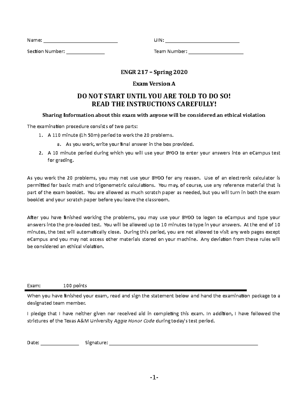 ENGR 217 Final Exam S20 Ver A answer key - Name ...
