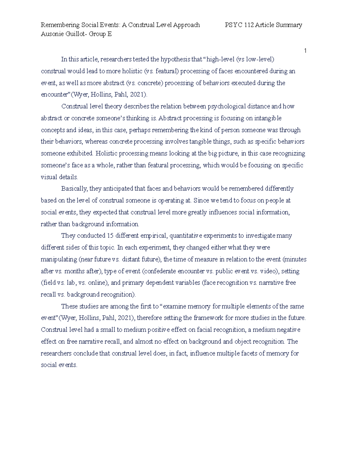 Psych 112 Article Summary - Remembering Social Events: A Construal ...